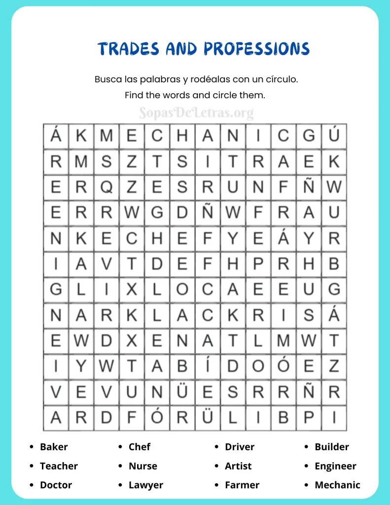 Sopas de letras de oficios y profesiones en inglés 》