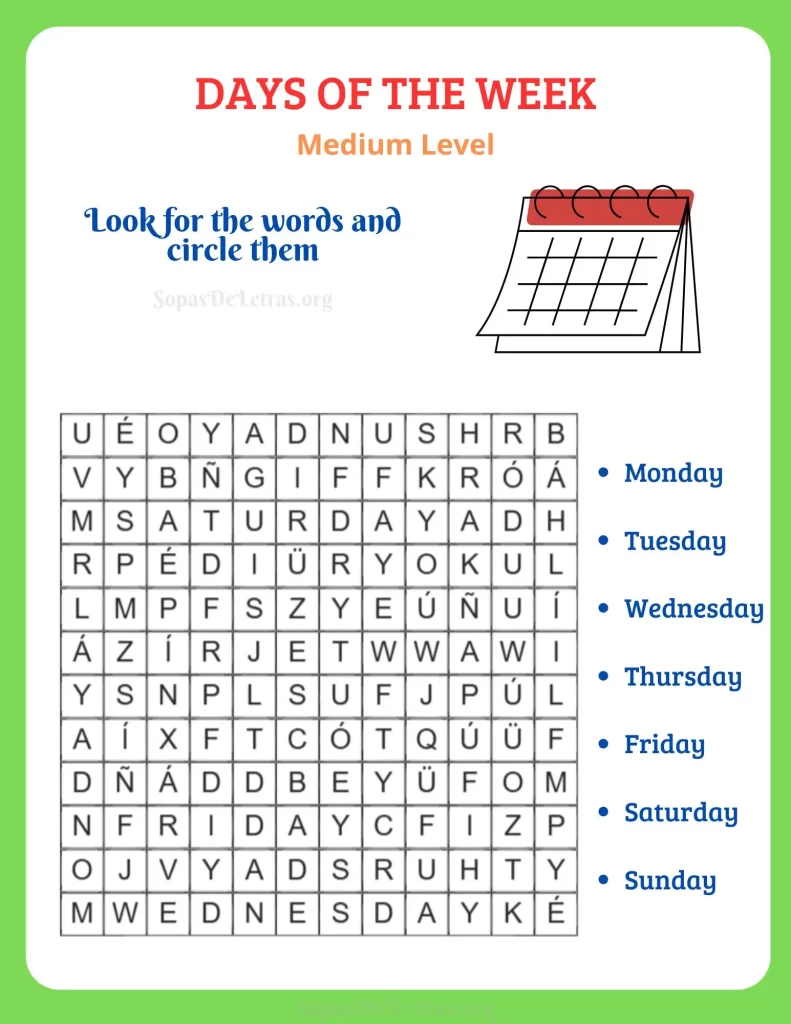 Sopas de letras de los días de la semana en inglés 》