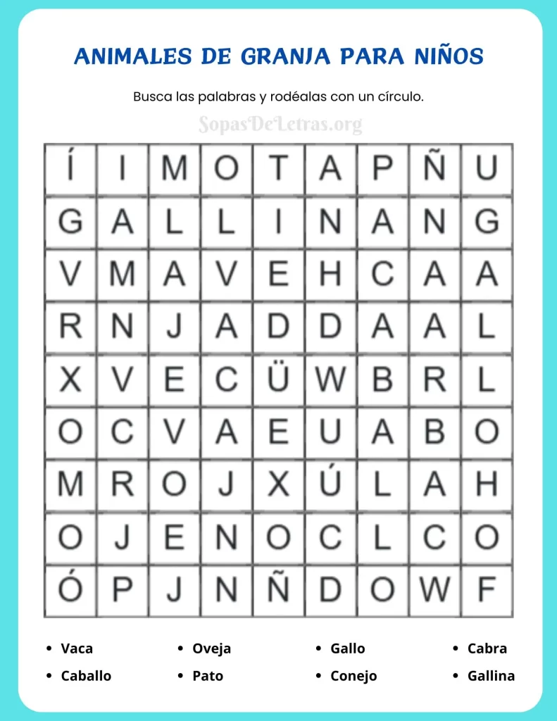 Sopas de letras de animales de granja 》