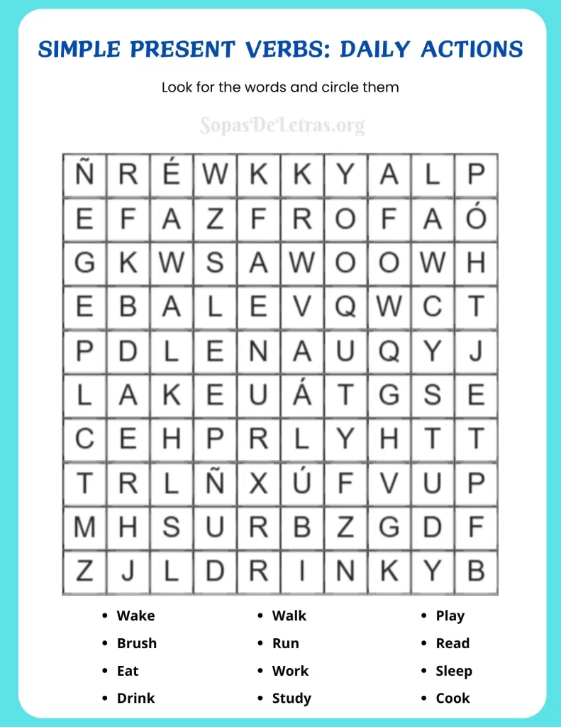 Sopas de letras de presente simple en inglés 》